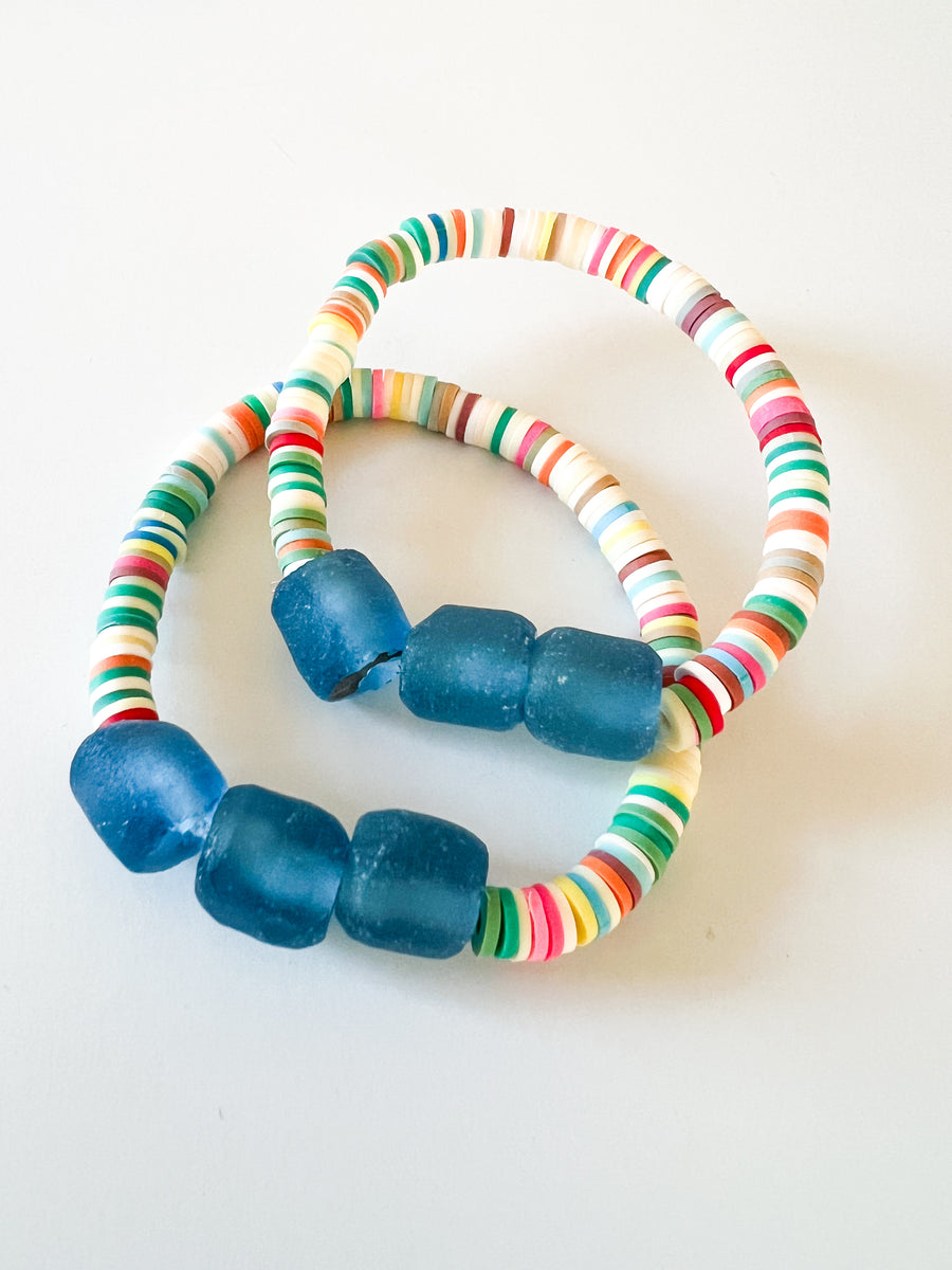 Recycled Blue Glass with Pink Confetti Clay Bracelet – M+H Beads