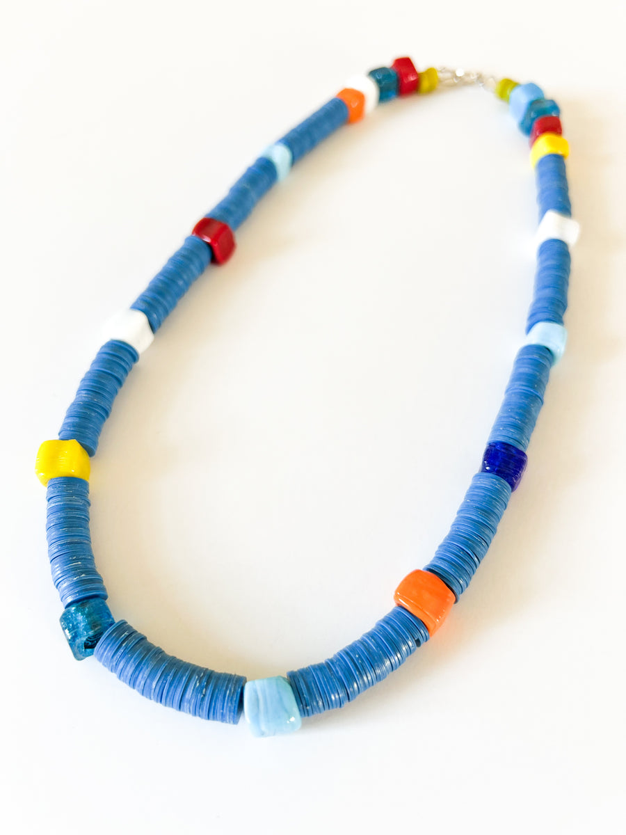 Recycled Royal Blue Vinyl with Confetti Glass Necklace – M+H Beads
