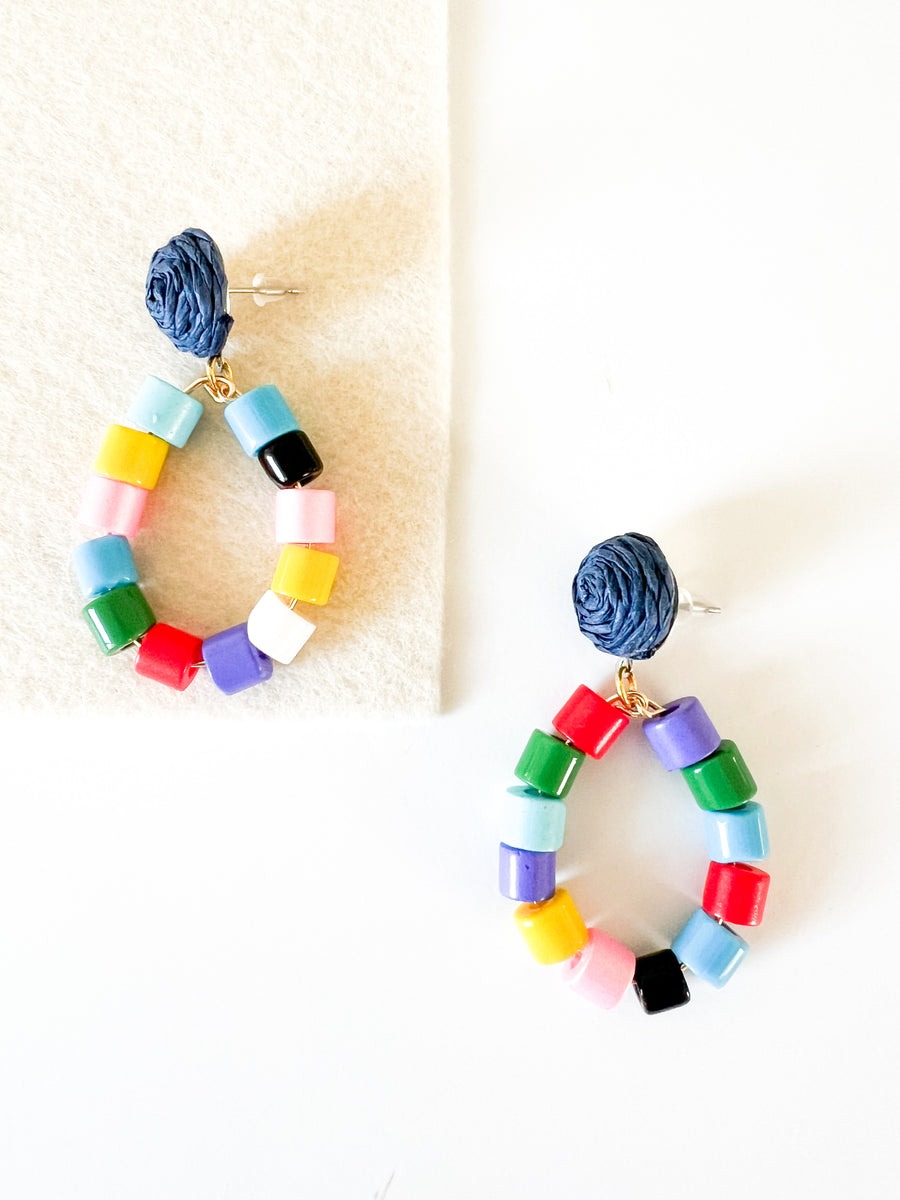Blue Raffia with Confetti Glass Earrings – M+H Beads