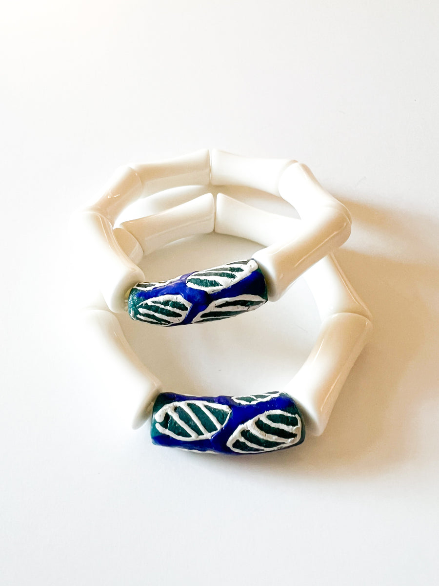 White Acrylic Bamboo with Blue Krobo Bracelet – M+H Beads